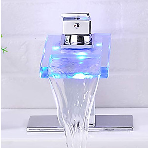 Qeemee LED Light Bathroom Sink Faucet, 3 Colors Changing Waterfall Glass Spout Faucet, Single Handle Single Hole Cold and Hot Water Mixer Vanity Sink Tap (Chrome)