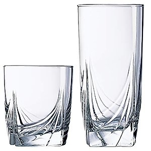 Luminarc 16 Piece Ascot Tumbler Set, 8-16.5 Ounce Coolers & 8-13 Ounce Double Old Fashioned Glasses, Mixed, Clear