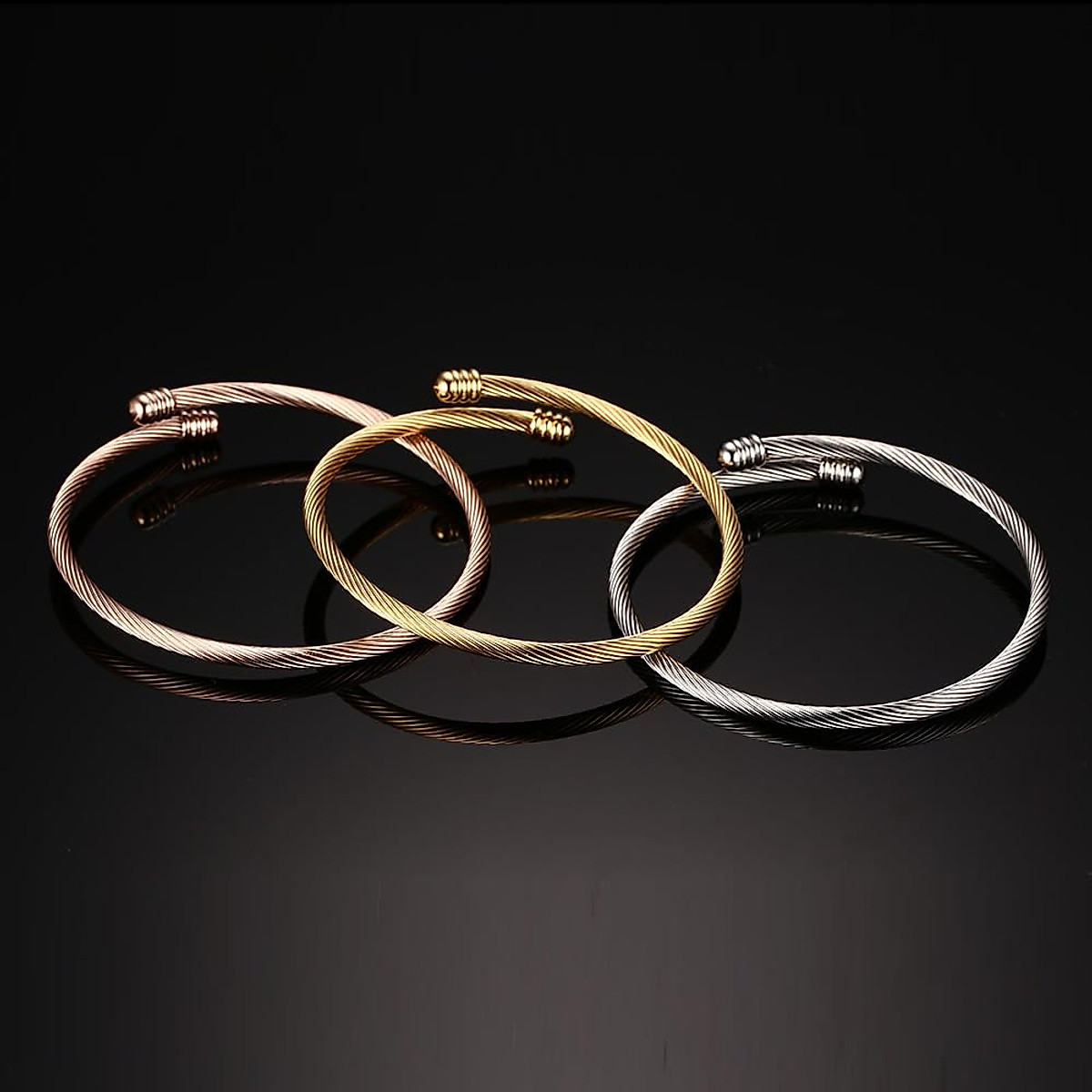 HUANIAN Stainless Steel Triple 3 Stackable Cable Wire Twisted Cuff Bangle Bracelet for Women, Gold/rose/silver
