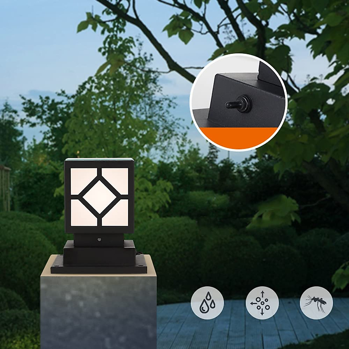 LANTKD Solar Column Head Lamp, Courtyard Villa Garden Home Super Bright Chinese-Style Gate Pillar Lamp Outdoor Waterproof Fence LED Three-Color Dimming Lamps