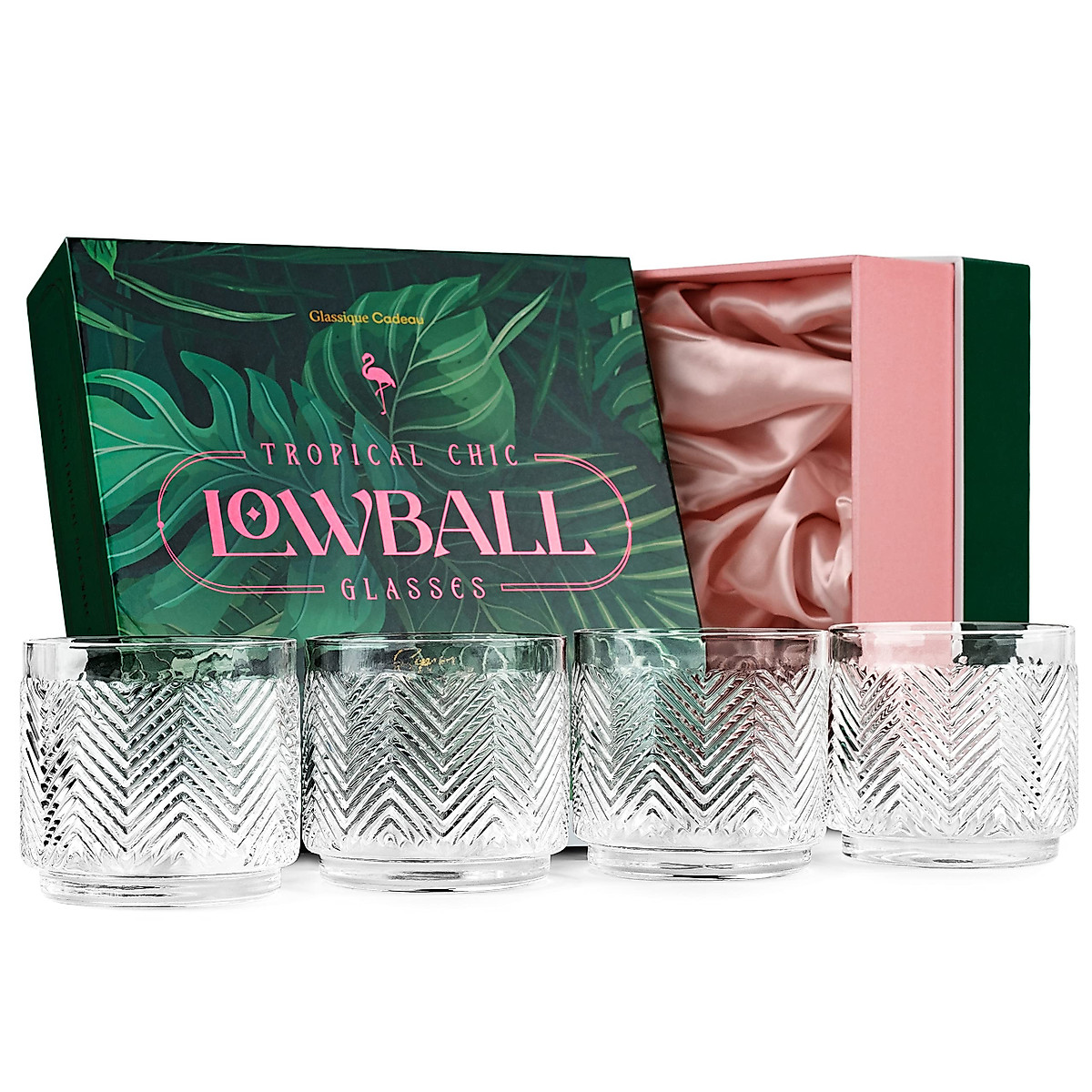 Vintage Flamingo Lowball Cocktail Glasses for Drinking Gin, Rum, Vodka, Whiskey Bar Drinks | Set of 4 | 11 oz Stackable Thick Crystal Short Tumblers | Tropical Glassware Collection