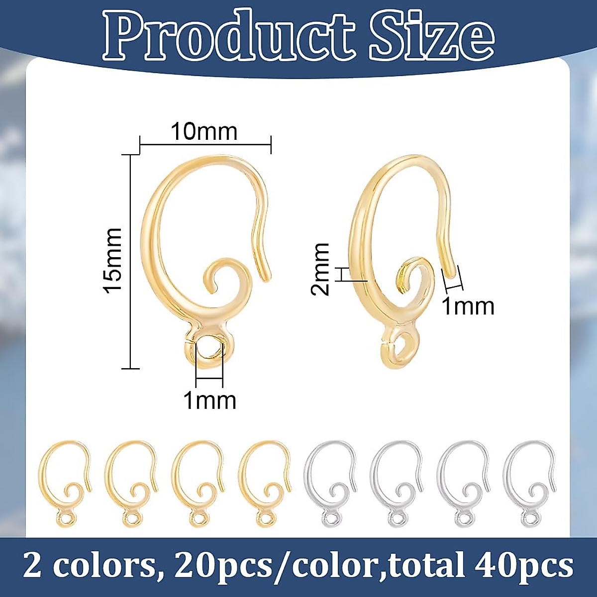 BENECREAT 40Pcs 2 Colors 18K Real Gold Plated Golden Brass Earring Hooks Silver Ear Wire with Loops for Earring Dangle Jewelry Findings, Valentine's Day Festival Gift DIY