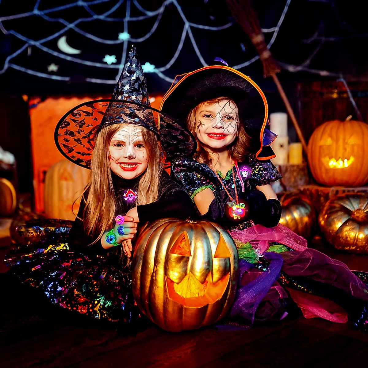 YUJUN 68PCS Halloween Light up Toys,Halloween Party Favors Flashing Ring Bracelets Necklace Glow in The Dark for Kids Halloween Treats Games Prizes Candy Goodie Bag Fillers