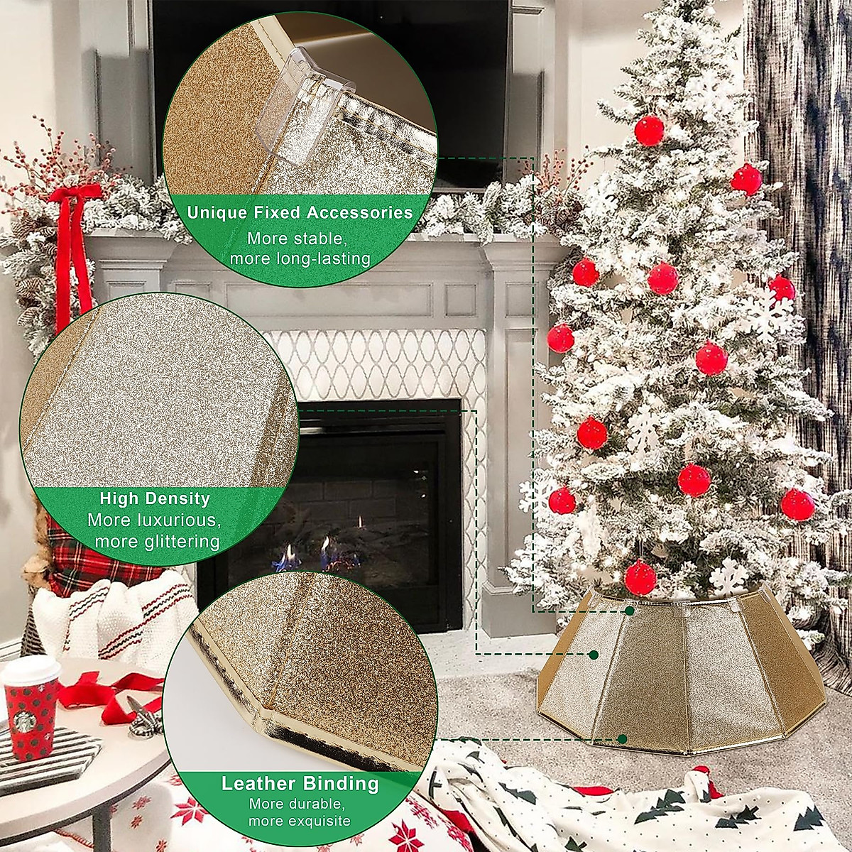 Blissun Fabric Christmas Collar, Glittering Tree Ring, Willow Skirt for Tree Decorations (Glitter Gold)