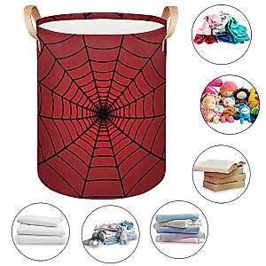Collapsible Laundry Hamper Basket, Red Spider Web Round Laundry Basket with Leather Handle Storage Organizer Bin for Toys Bin Nursery Home Storage Bedroom Decor