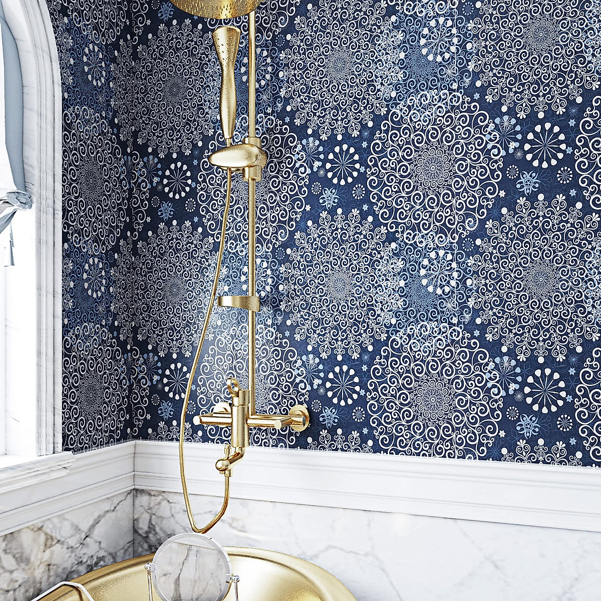 ReWallpaper Peel and Stick Wallpaper Boho Blue Bohemian Mural Wallpaper Stick & Peel Contact Paper for Walls 17.5in x 10ft Large Navy Floral Wall Paper Roll for Bedroom Bathroom Nursery Aesthetic