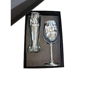 Personalized Mr & Mrs Couples Beer & Wine Glass Set - Set of 2 In Gift Box | Engraved Wedding Toasting Glasses
