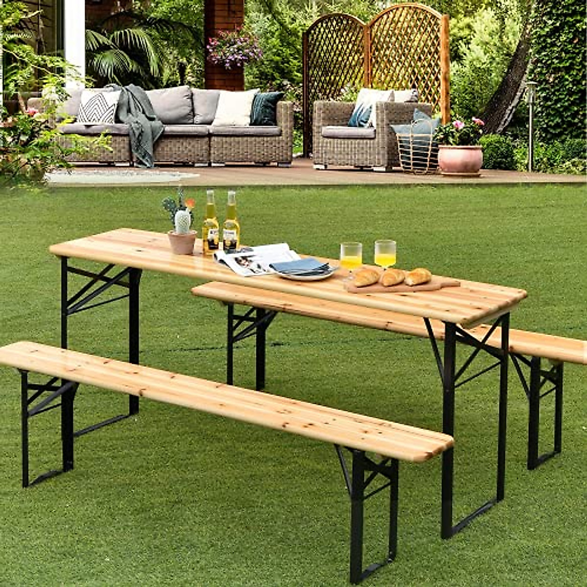 Generic Renatone 70in 3pcs Folding Picnic Table Set, Wooden Top Beer Table for Patio Outdoor Garden Use, No Assemble Required