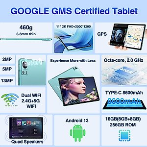 DMOAO Tablet 11 inch Android 13 Tablet 2023 Latest 16GB+256GB Tablets with 1TB Expand, 2000 * 1200 2K Display, 13MP Camera, 8600mAh, Quad Speakers, Split Screen (Gray with Advanced Keyboard, Mouse)