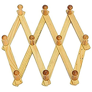 1 Wooden Expandable Coat Rack Hanger Wall Mounted Accordion Hook Hats Mugs Coats, Tan, Variable