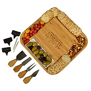 Custom Personalized Engraved Bamboo Cutting Board for Cheese & Charcuterie with Ceramic Dish, Knife Set & Cheese Markers -by Picnic at Ascot USA