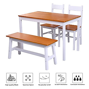 Alohappy Dining Table Set for 4, Solid Wood Kitchen Table with 2 Chairs and Bench, 4-Person Space-Saving Dinette Table for Kitchen, Dining Room, Sturdy Structure Easy Assembly Orange + White