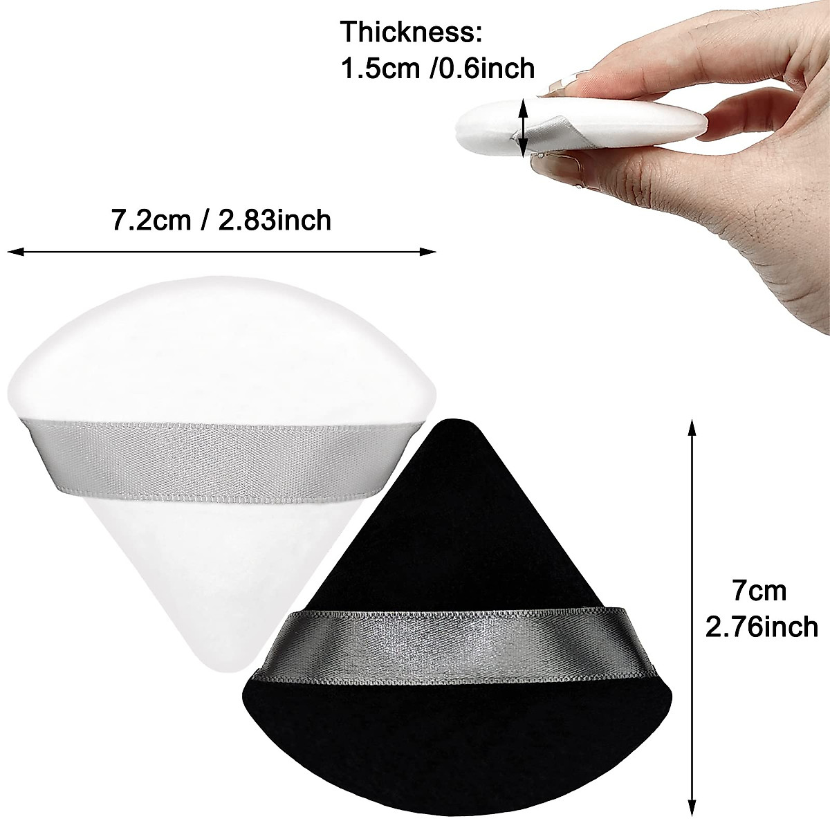 12 Pieces Cosmetic Powder Puff,2.76 inch Portable Soft Sponge Setting Face Puffs,Triangle Velvet with Ribbon Band Handle for Loose Powder Body Powder Makeup Tool