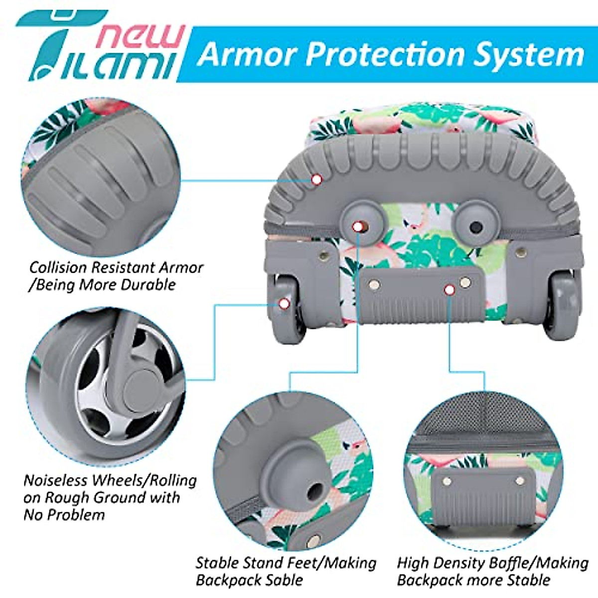 NEW TILAMI Rolling Backpack for Kids, 16 Inch Wheeled Laptop Backpack for Boys Girls School Travel Trip Bag, Flamingo