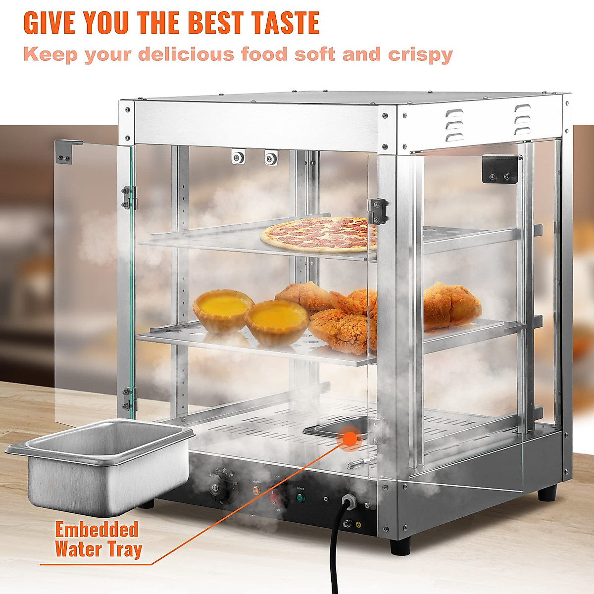 VEVOR Commercial Food Warmer Display, 3 Tiers, 800W Pizza Warmer w/ 3D Heating 3-Color Lighting Bottom Fan, Countertop Pastry Warmer w/Temp Knob & Display 0.6L Water Tray, Stainless Frame Glass Doors…