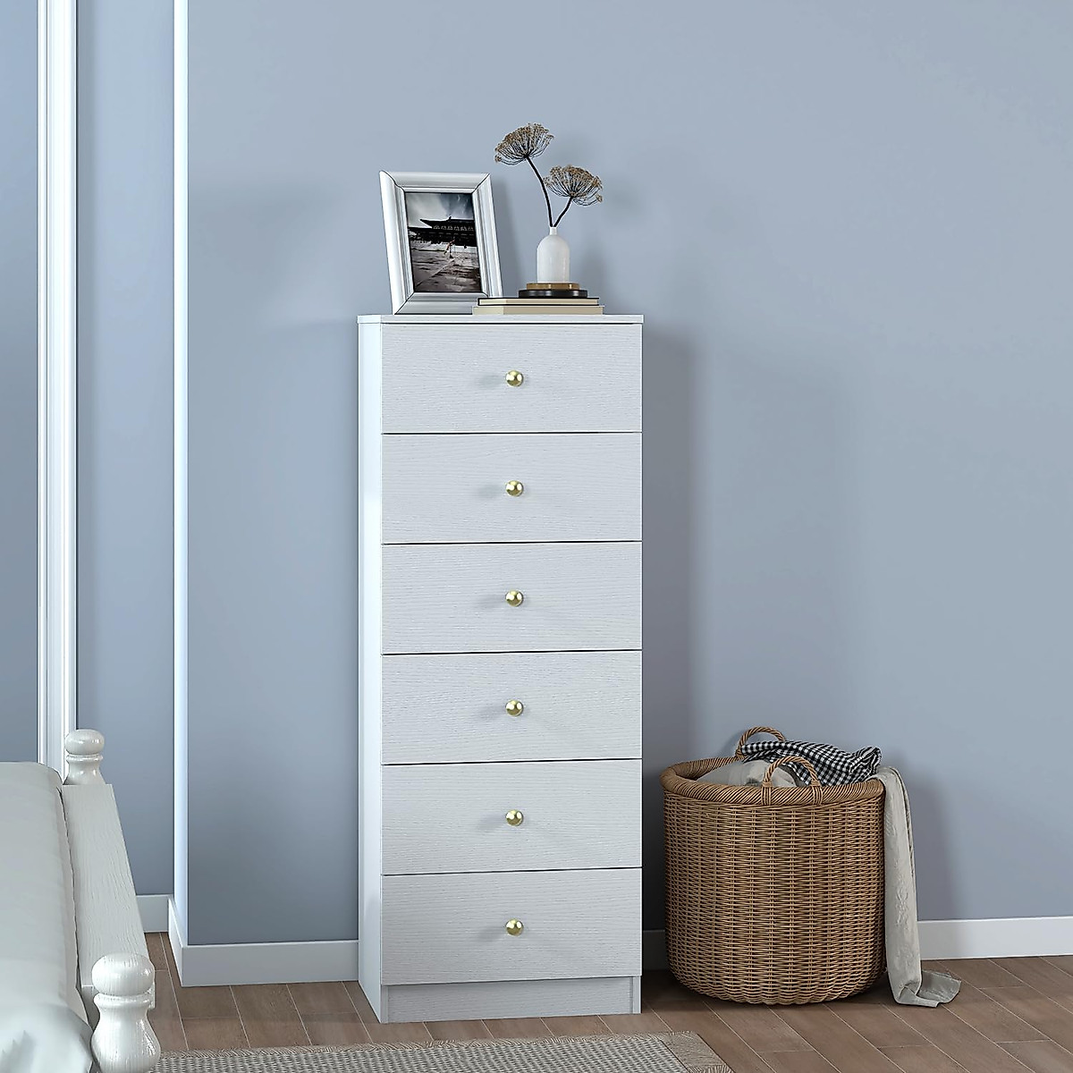 Modern 6 Drawer Vertical Dresser, Wood Tall Chest of Drawers N Arrow Storage Organizer with Wide Drawers & Metal Gold Handles for Bedroom, Living Room, Office, Hallway, Entryway (White)