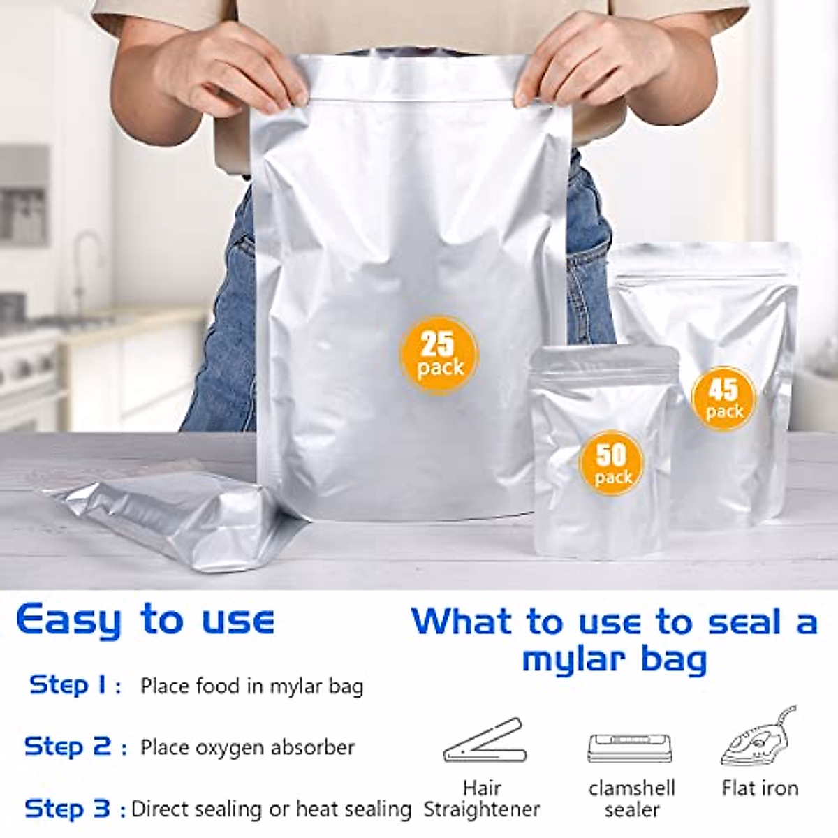 Mylar Bags for Food Storage,120 Pack Mylar Bags with 300cc Oxygen Absorbers, Extra Thick Reusable Ziplock Bag (10"x14", 6"x9",3.5"x5") (120)