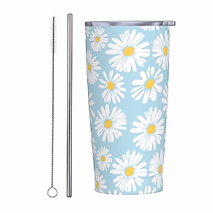 CHASOEA Daisy Flowers Tumbler 20oz Floral Stainless Steel Insulated Tumblers with Lid and Straw Light Blue Travel Coffee Mug Tea Wine Cups Water Bottle Sport Gifts for Women