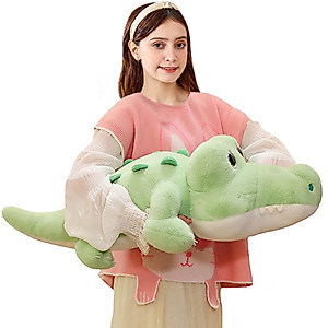 ELAINREN Super Furry Crocodile Plush Kids Pillow Big Eyes Gator Stuffed Throw Pillow Cute Green Alligator Plushie Toy Gifts/21.7''