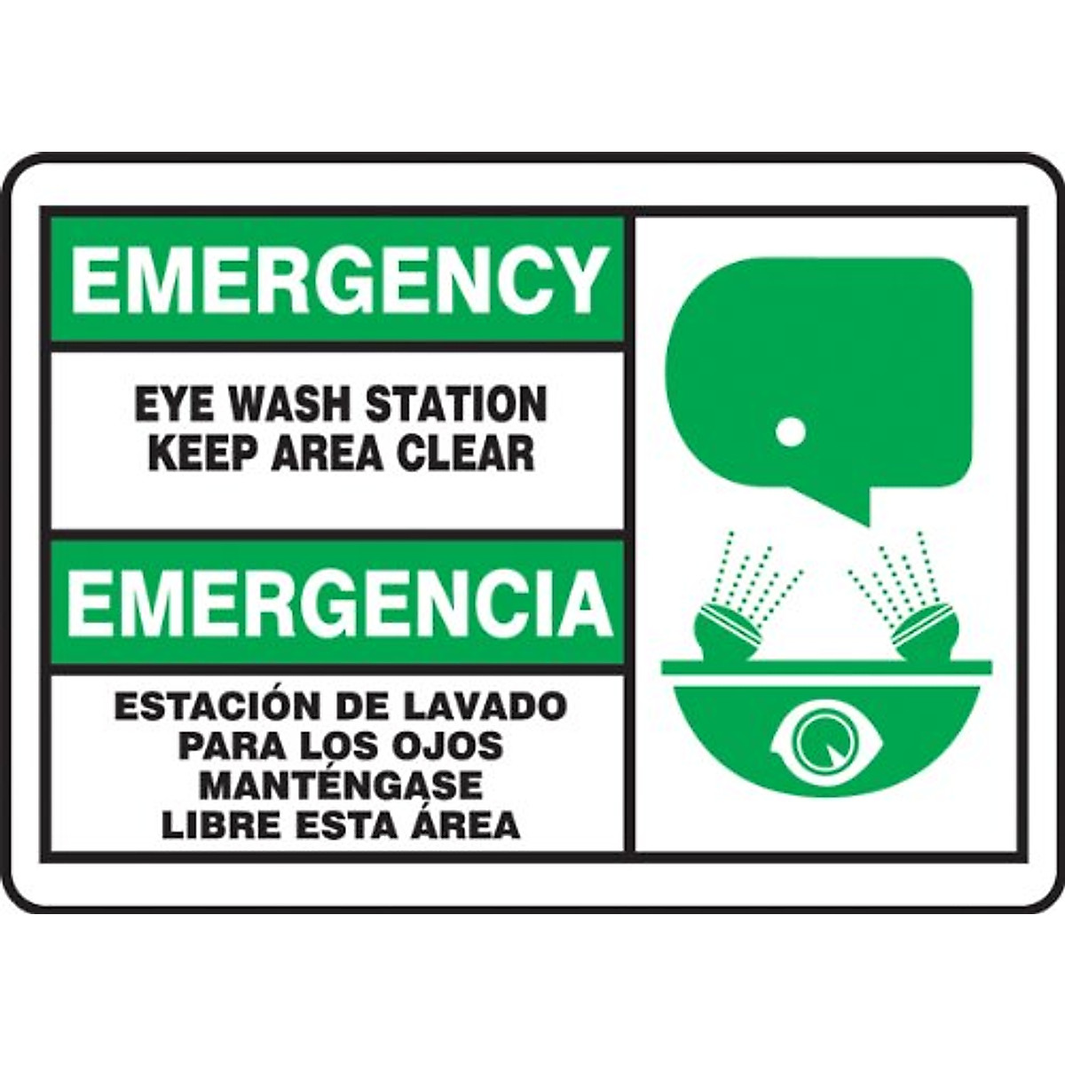 Accuform SBMFSD928MVP Plastic Spanish Bilingual Sign, "EMERGENCY EYE WASH STATION KEEP AREA CLEAR/EMERGENCIA ESTACION DE LAVADO PARA LOS OJOS MANTENGASE LIBRE ESTA AREA" with Graphic, 7" Length x 10" Width x 0.055" Thickness, Green/Black on White