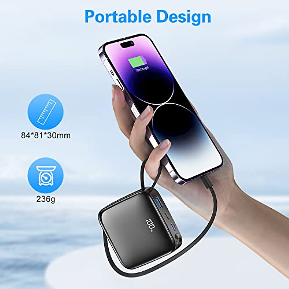 Portable Charger 20000mAh - 22.5W PD20W USB C Power Bank Fast Charging with Built-in Cables Lanyard 2in1, LED Display External Battery Pack with 4 Output 2 Input Charing Bank for iPhone, Samsung.