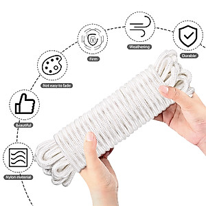 Flag Rope 50 Feet Flag Pole Halyard Rope and Clips Kit 4 Pieces Nylon Flag Pole Hook Clips Snap Hooks, Flag Pole Halyard Rope for Flagpoles up to 25 Feet, Tie Pull Swing Climb and Knot (15m, White)