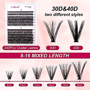 FADLASH DIY Eyelash Extension Kit, 240Pcs Lash Clusters with Lash Bond and Seal, Clusters Eyelash Applicator Tool, D Curl Thin Band DIY Lash Extension Kit Easy to Apply (30D+40D Kit)