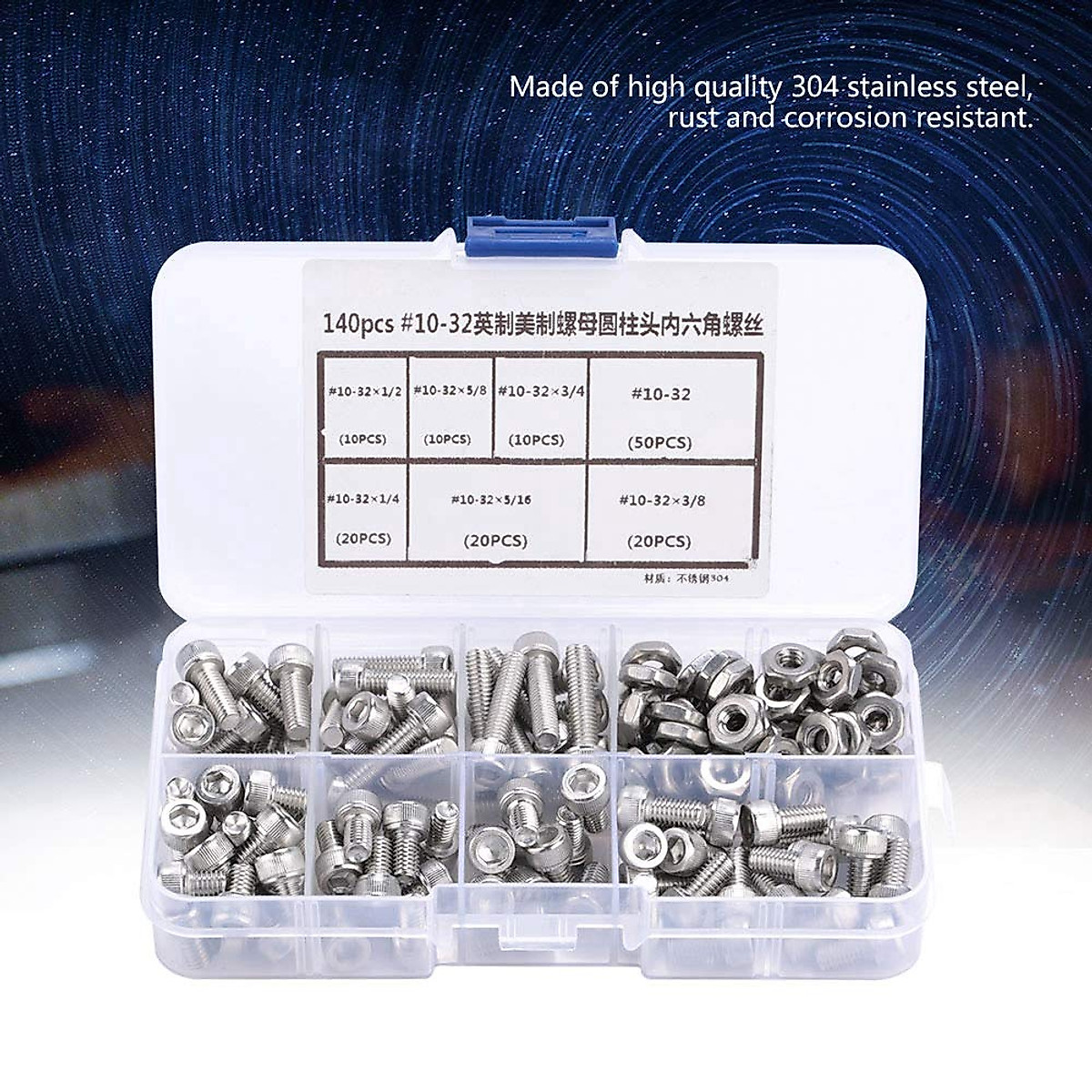 140Pcs #10-32 Stainless Steel Hex Socket Cap Hd Bos Hex Screw Assoment Kit, with Plastic Storage Box