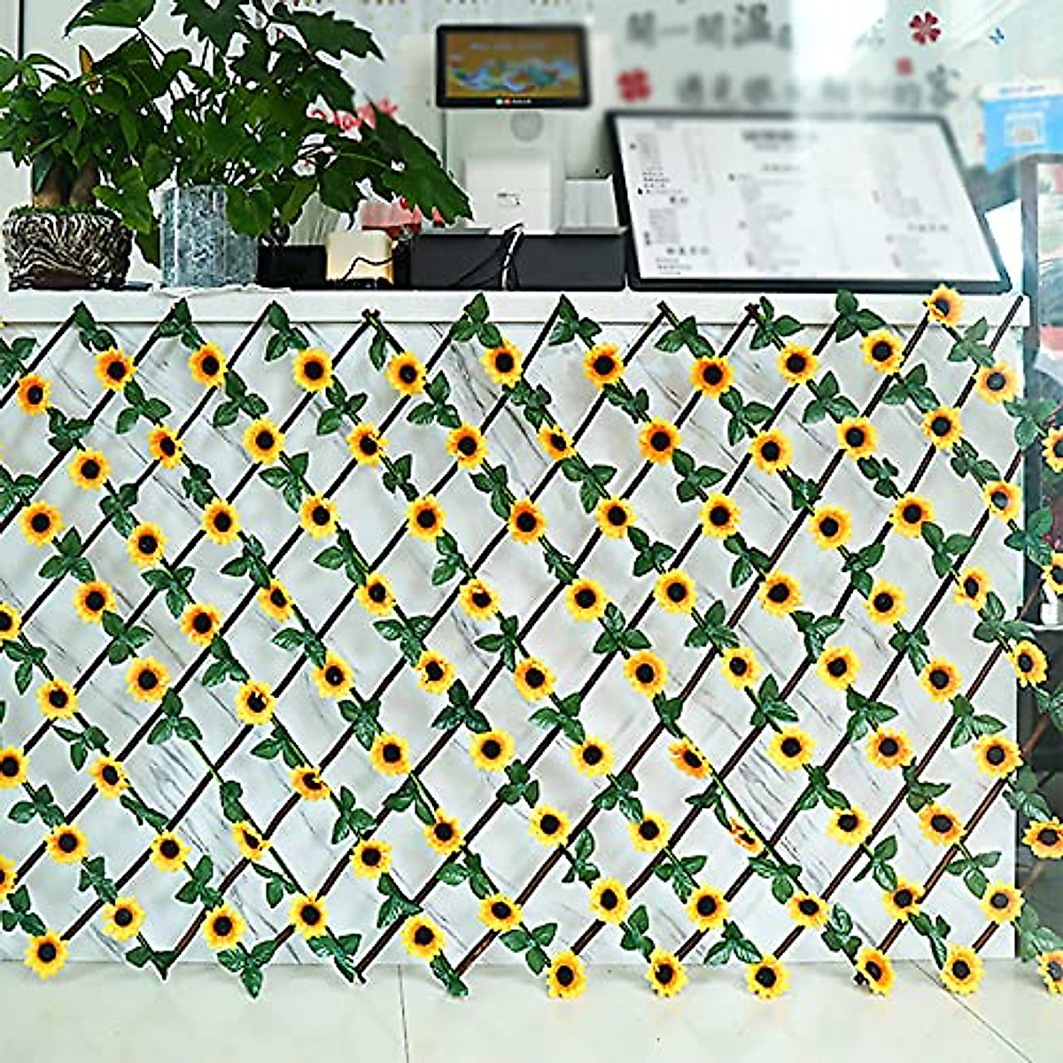 SMLJFO Artificial Sunflower Privacy Fence Screen Plant Vine Hanging Garland Ivy Leaf Stretchable Fence for Home Garden Porch Patio Home Decor/Yellow 15.7in