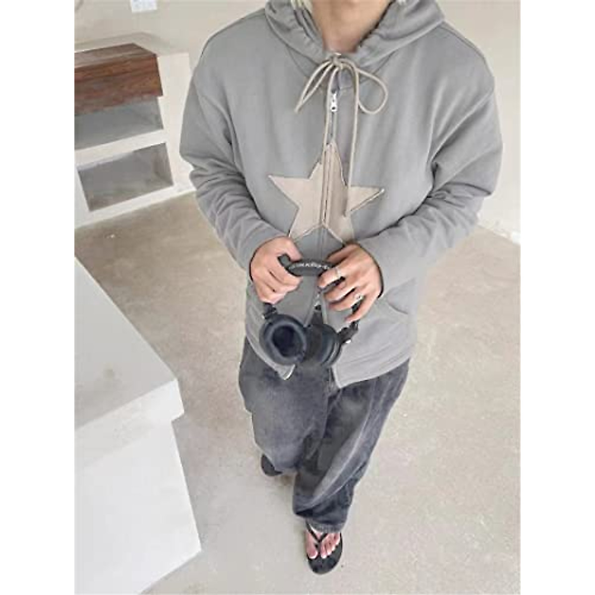 XSHYE Women Grunge Zip Up Hoodies Gothic Punk Long Sleeve Printed Hooded Jackets Y2k 90s Streetwear Oversized Sweatshirts(Star Gray,X-Large)