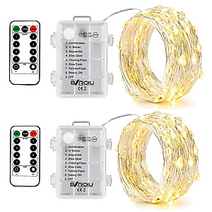 2 x Fairy Lights Battery Operated,Silver Wire Chains 8 Mode 16Ft/5Meter 50 LEDs Timer String Lights with Remote Control for Bedroom Christmas Party Wedding Decoration(warm white)