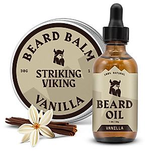 Striking Viking Beard Oil and Balm - Leave in Beard Conditioner - Tames, Styles, Softens, and Moisturizes Beards and Mustache - Made with All Natural and Organic Argan and Jojobo Oils, Vanilla