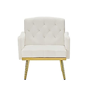 hansones Velvet Accent Armchair with Gold Metal Legs, Modern Upholstered Lounge Chair for Living Room (Off White)