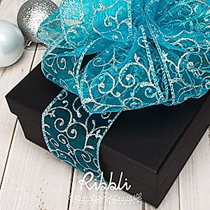 Ribbli Swirl Glitter Wired Ribbon, Turquoise Blue Organza Sheer Ribbon with Sliver Glitter Swirl Pattern and Iridescent Metallic Edge,2-1/2 Inch x 10Yards Christmas Ribbon for Tree Decoration