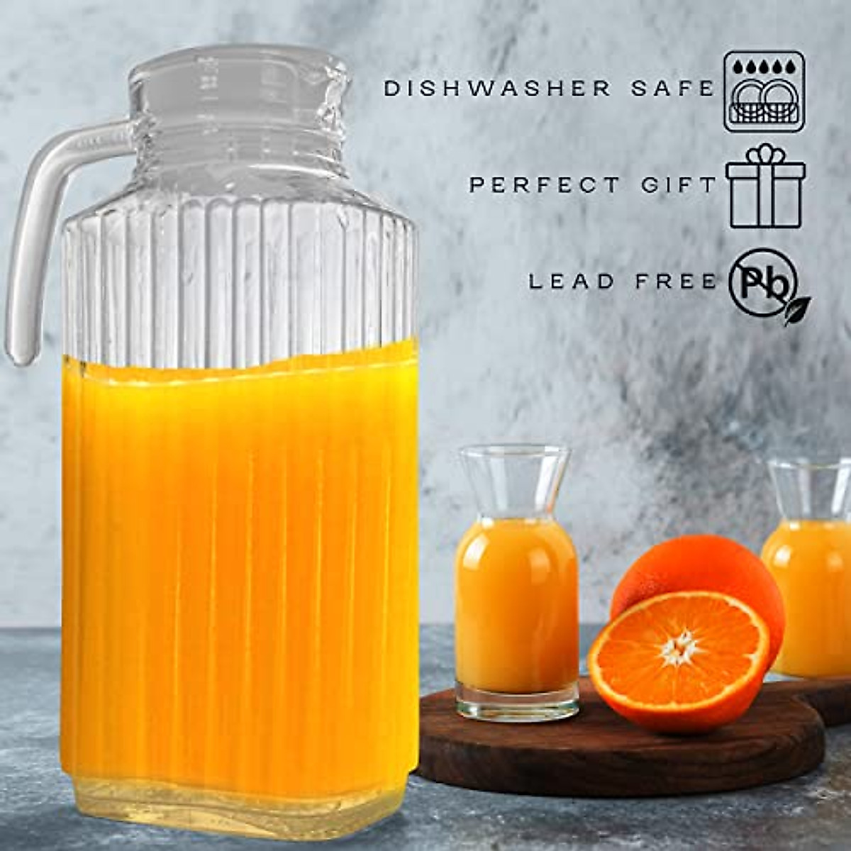 Glass Pitcher - Beverage Serveware and Storage Container for Hot Drink or Cold Drinks. 60oz. Glass Water Fridge Pitcher with Lid, Juice Container, Water Jug, Iced Tea Pitcher or Milk Pitcher Cocktails