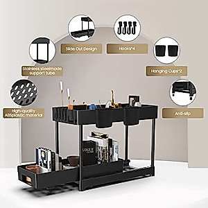 KOCWELL 2 Tier Under Sink Organizer and Under Sink Mat 34" x 22" Set, Sliding Under Bathroom Cabinet Storage Drawer Organizer with Hooks, Hanging Cup, Multi-purpose Under Sink Shelf Organizer