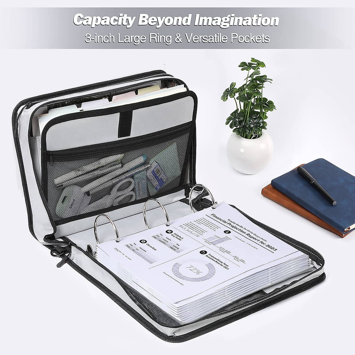 MoKo Zipper Binder, 3 inch 3 Ring Binder with Zipper, 600 Sheet Capacity Multi-Pocket School Binder Organizer, Handle and Shoulder Strap Included, Black & Gray