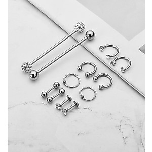 Masedy 12Pcs Stainless Steel Industrial Barbell Cartilage Piercing Earrings for Women Men Hoop Helix Tragus Labret Piercing A-Silver