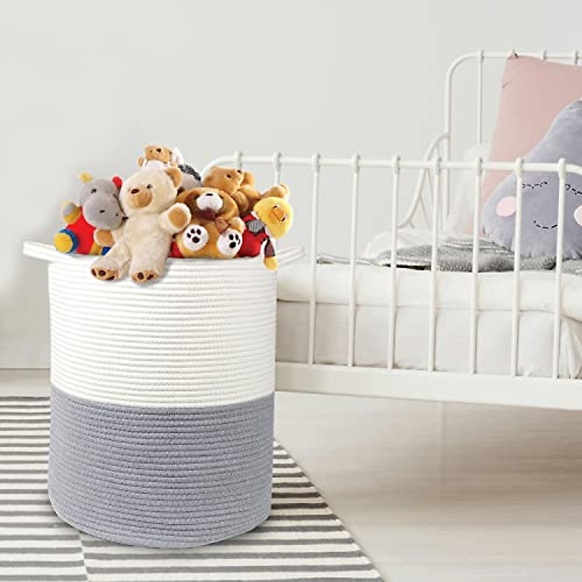 Brookstone, Large Cotton Rope Storage Basket, Soft Woven Bin with Handles, Baby Nursery/Blanket Organizer; Perfectly Sized at 18.5” X 16”, Use in Living Room/Bedroom, Suitable for Any Décor Style