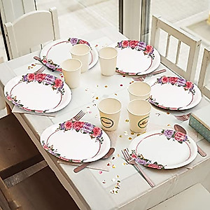 Qyeahkj 50 PCS Floral Oval Paper Plates Large 11” Disposable Pink Purple Flower Party Decorations Floral Supplies Favor for Spring Holiday Wedding Tea Party Tableware Set