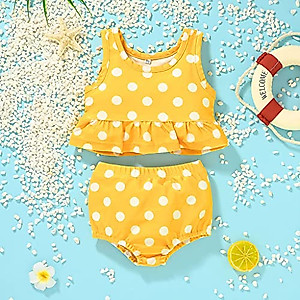 LUZOZEZO Toddler Baby Girls Summer Swimsuit Sleeveless Yellow Polka Dot Swimwear 2-Piece Bathing Suit Beach Bikini