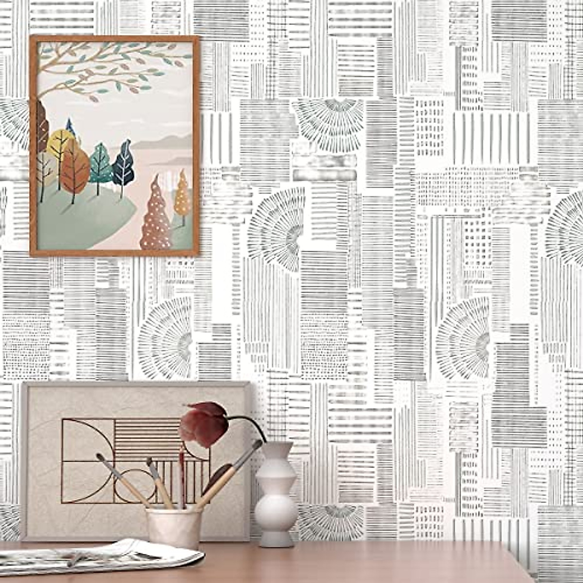 Theper Modern Peel and Stick Wallpaper Gray and White Stripe Wallpaper Contact Paper 17.3” x 78.7” Geometric Wallpaper Self Adhesive Wallpaper Removable Decorative Wallpaper for Bedroom Vinyl Film