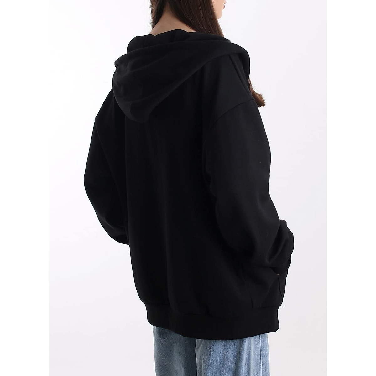 TOMLALEL Women's Active Zip Up Hoodie, Oversized Loose Casual Jacket, Comfortable Long Sleeve with Pockets Zipper Drawstring (Medium, Oversized_Black)