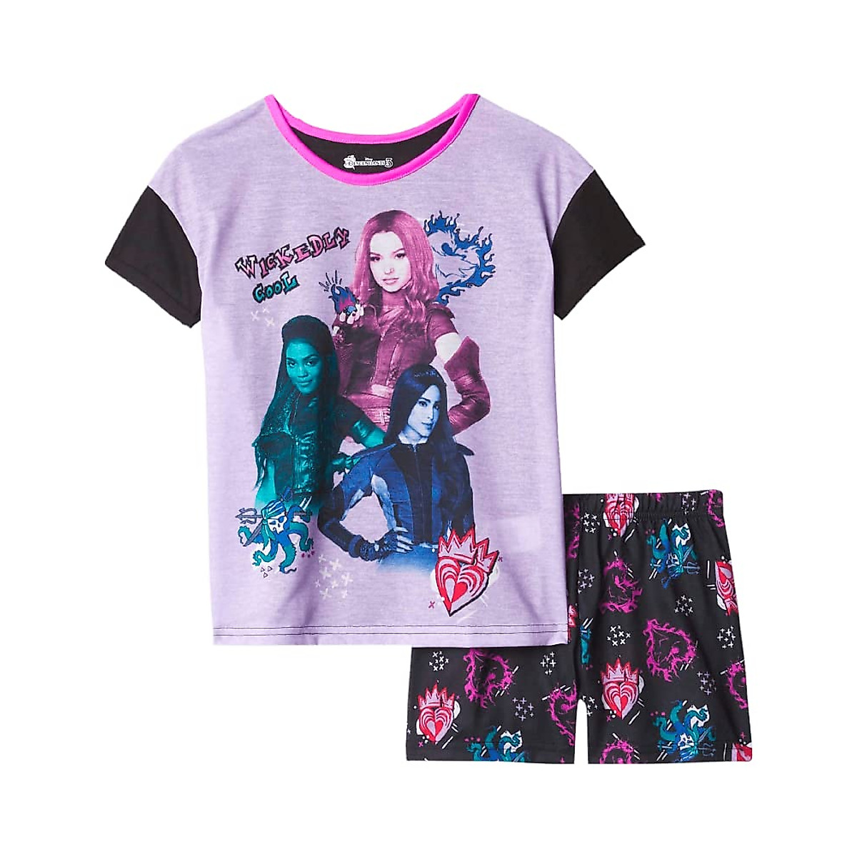 Disney Girls Descendants | Encanto Frozen Princess Little Mermaid Lilo & Stitch Raya 2-piece Loose-fit Pajama Set, Wickedly Cool 2, 14 US