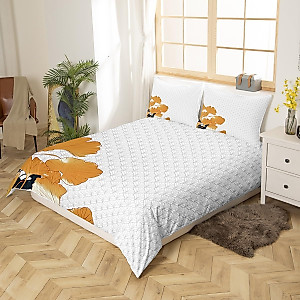 Ginkgo Leaf Bedding Set for Girls Boys Golden Leaf Pattern Comforter Cover Tropical Leaves Duvet Cover Room Decor Ginkgo Leaves Bedspread Cover Full Size Bedding Collection 3Pcs (No Comforter)