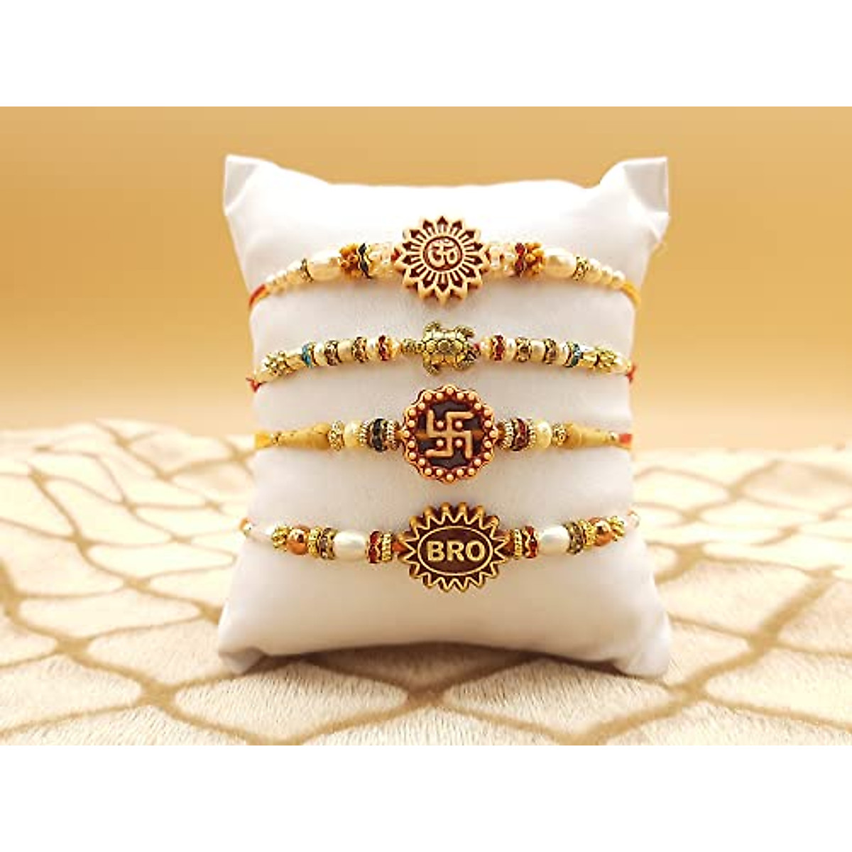 Rakhi for Brother Sister celebration. Designer Multicolor Stones Rakhi Gift, Wrist bands for loving, Brother, Sister, Father & family. (Rakhi Des.4- Om, Bro &Good Luck Tortoise Set of 4, Small)