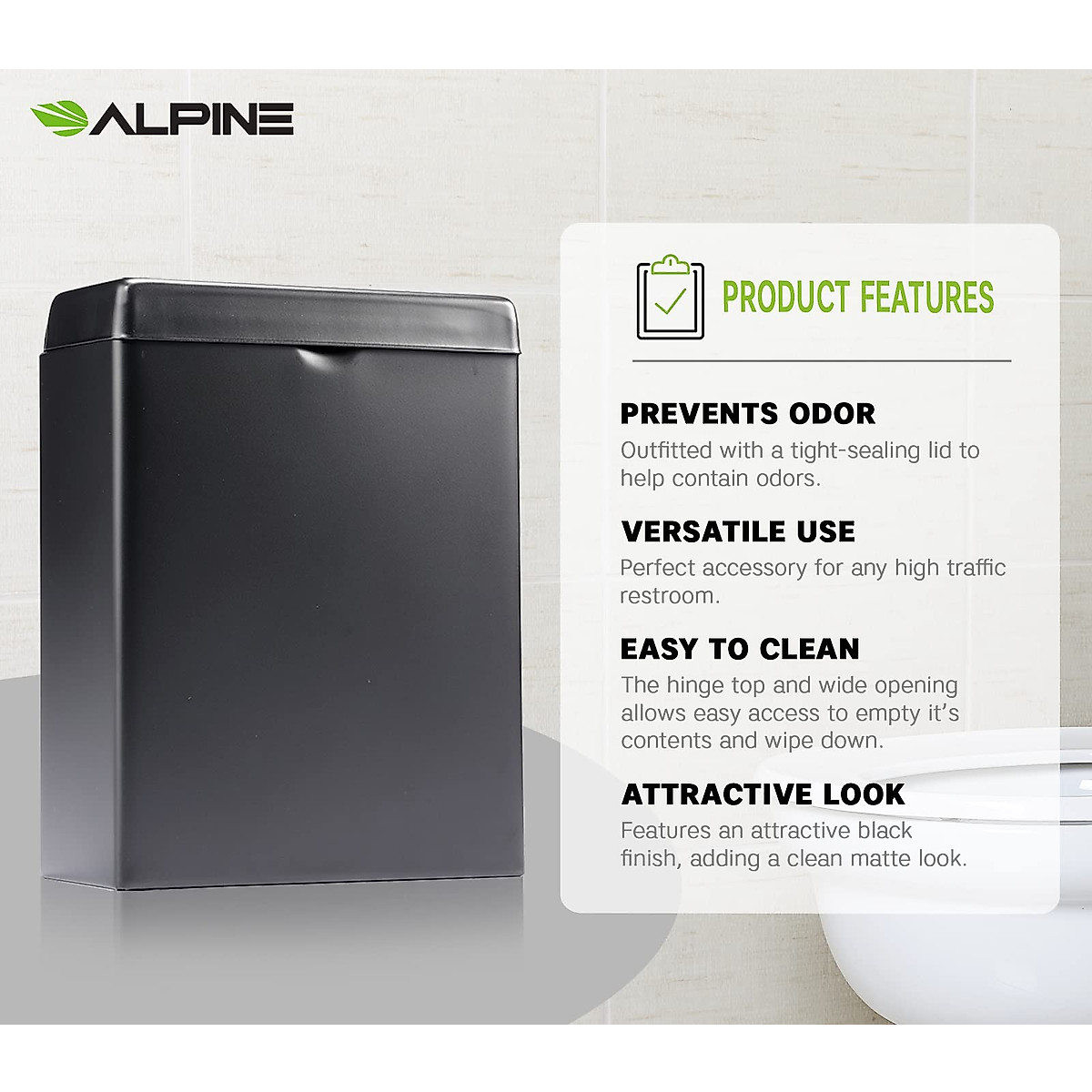 Alpine Sanitary Napkin Receptacle – Wall Mounted Tampon Holder for Bathroom Provides Clean & Odor-Free Restroom for Home, Office & Public Restrooms (Black)