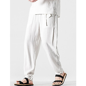 HangNiFang Mens Cotton Linen Elastic Waistband Tapered Cuffed Pocketed Pants (0141-White-XL)