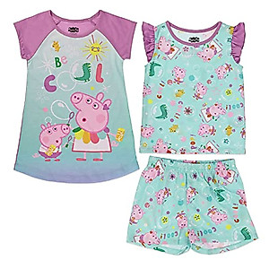 Peppa Pig Girls' Pajama Set 2-Piece Shorts and T-Shirt and Dorm Nightgown Bundle Set, Purple, 2T