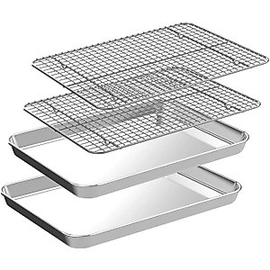 Quarter Sheet Pan with Cooling Rack Set [2 Baking Sheets + 2 Baking Racks], CEKEE Stainless Steel Cookie Sheets for Baking and Wire Rack - Rust & Warp Resistant & Nonstick, Size 12 x 9.8 x 1 Inch